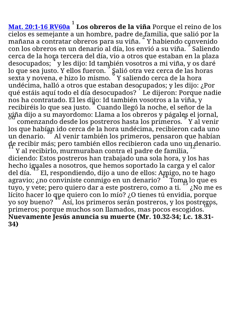 Mateo 20 Los Obreros de La Viña | PDF