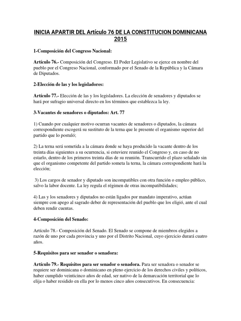 Cuestionario de La Constitución Dominicana A Partir Del Articulo 76 Del ...