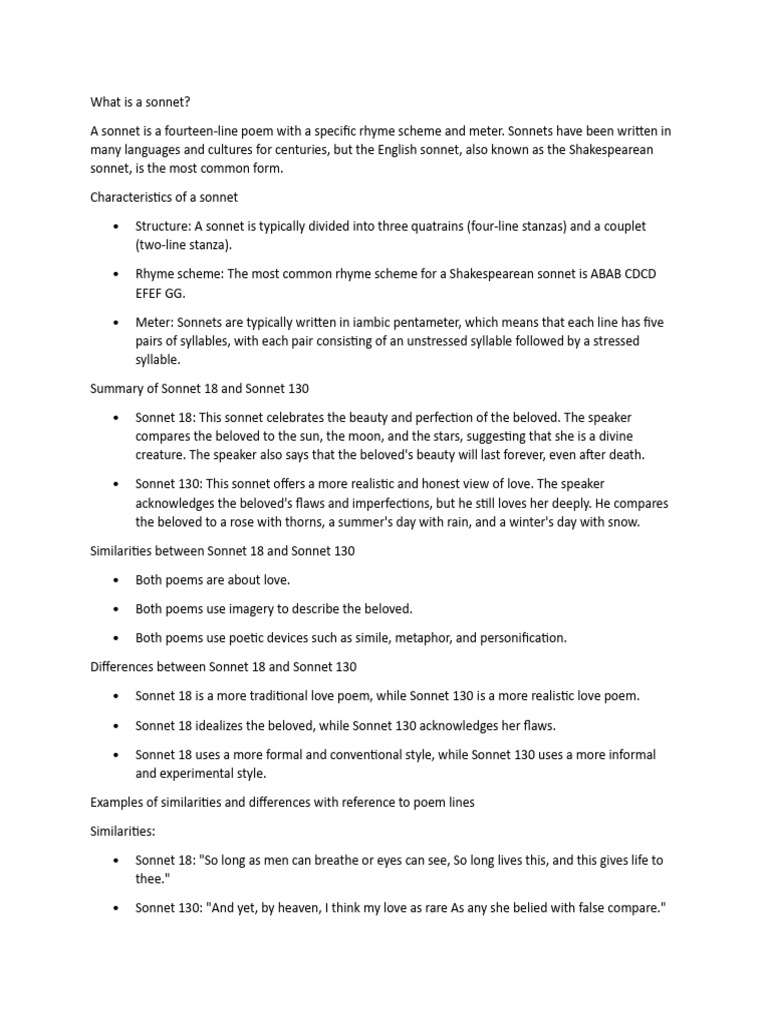 Comparison Between Sonnet18 and 130 | PDF | Sonnets | Poetry