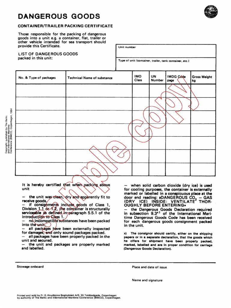 Sample Copy Dangerous Goods Container Trailer Packing Certificate | PDF