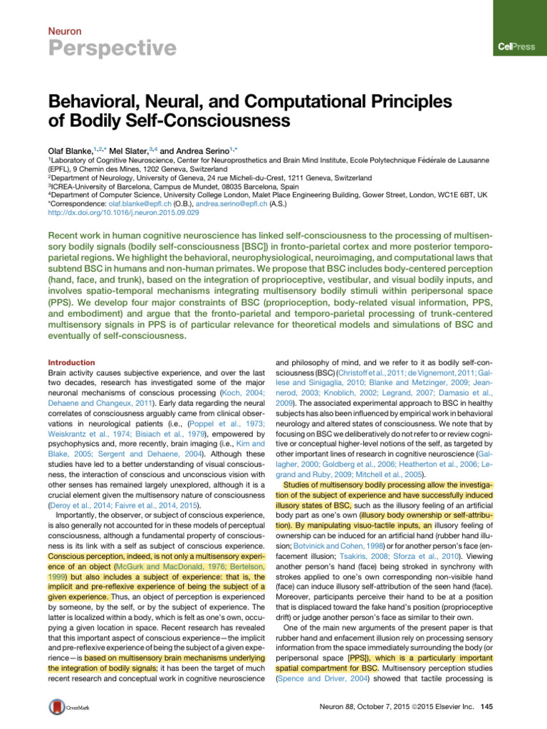 Bodily Self | PDF | Somatosensory System | Perception