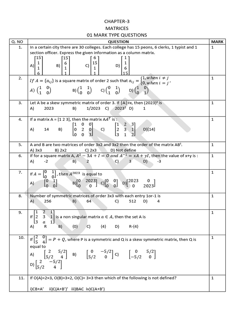 Class Xii Maths Chapter 3 (Matrices) (Includes Competency-Based Test ...