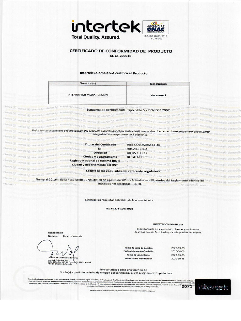 Intertek #EL-CS-200016 - Interruptor Media Tensión | PDF