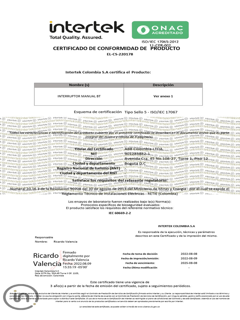 Intertek #EL-CS-220178 - ABB Interruptor Manual | PDF | Colombia ...