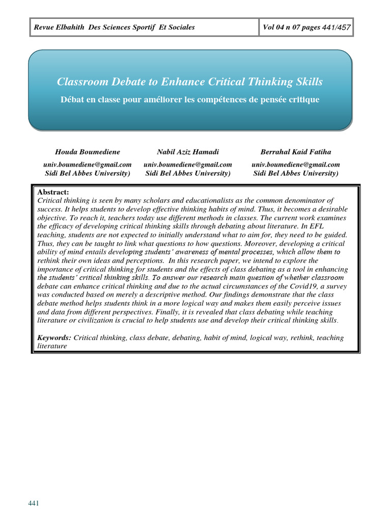 Enhancing Critical Thinking through Debate | PDF | Critical Thinking ...