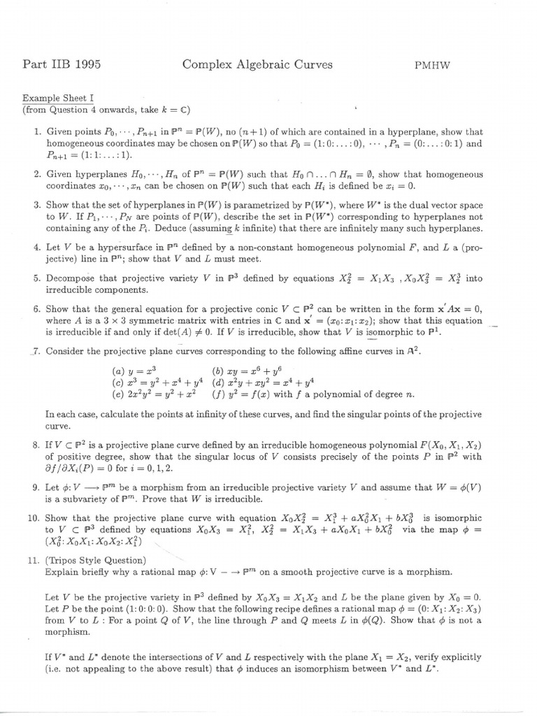Complex Algebraic Curves Question Sheets | PDF