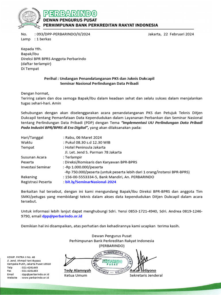 Undangan Seminar + PKS Dukcapil Untuk BPR-S 6 Maret 2024 | PDF | Bisnis