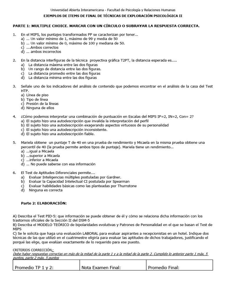 Ejemplo Examen Final 2022 Tecnicas de Exploracion Psicologica | PDF | Sicología | Cognición