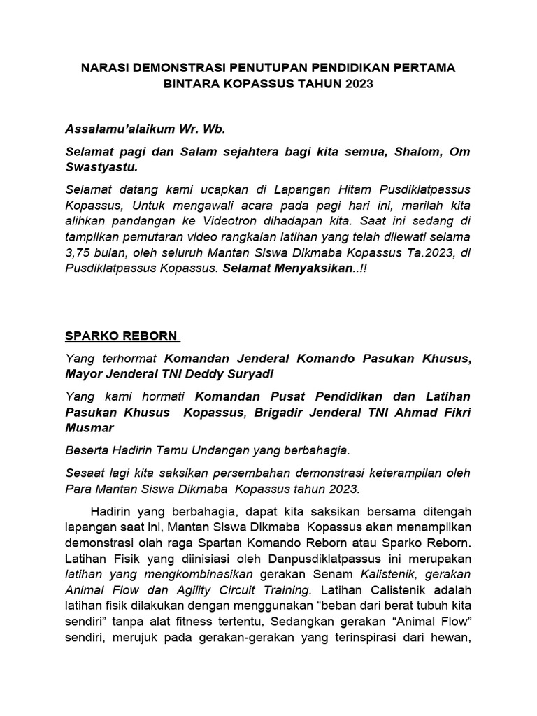 NARASI DEMONSTRASI TUPDIK DIKMABA KOPASSUS TAHUN 2023 Andi Aziz | PDF
