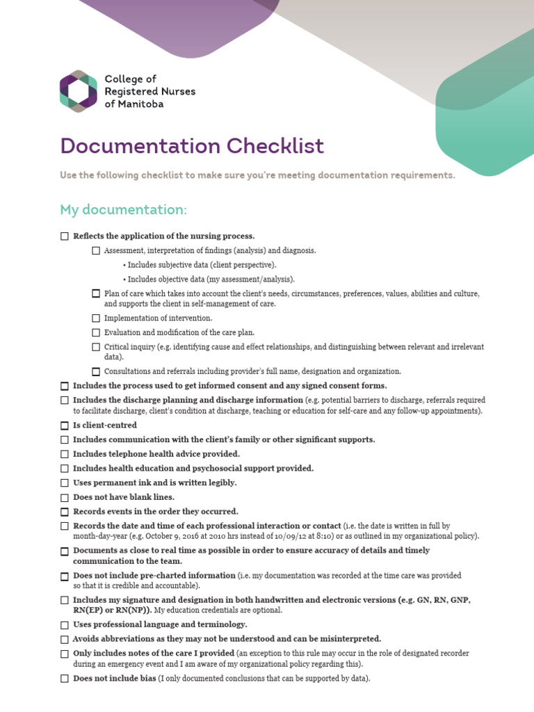 Nursing Documentation Checklist Guide | PDF | Health Care