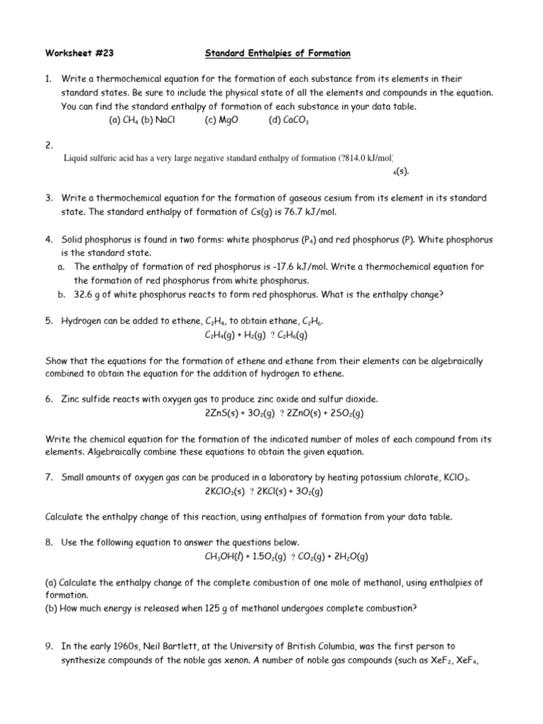 Worksheet #23 - Standard Enthalpies of Formations | PDF | Physical ... Worksheet #23 - Standard Enthalpies of Formations | PDF | Physical ...