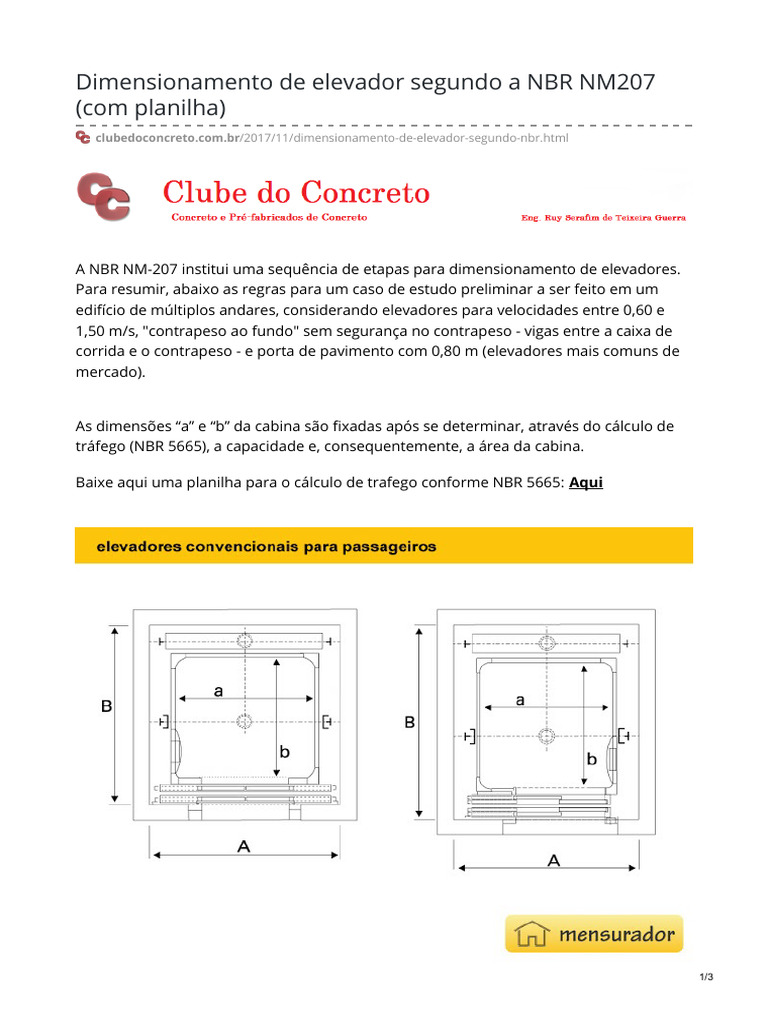 Dimensionamento de Elevador Segundo A NBR NM207 Com Planilha | PDF