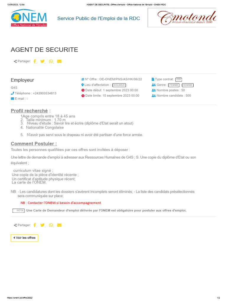 AGENT DE SECURITE - Offres D'emploi - Office National de L'emploi - ONEM RDC | PDF