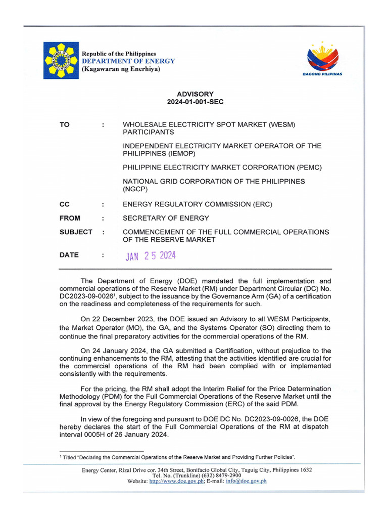 DOE Advisory 2024-01-001-SEC and Operating Guidelines For The Reserve ...