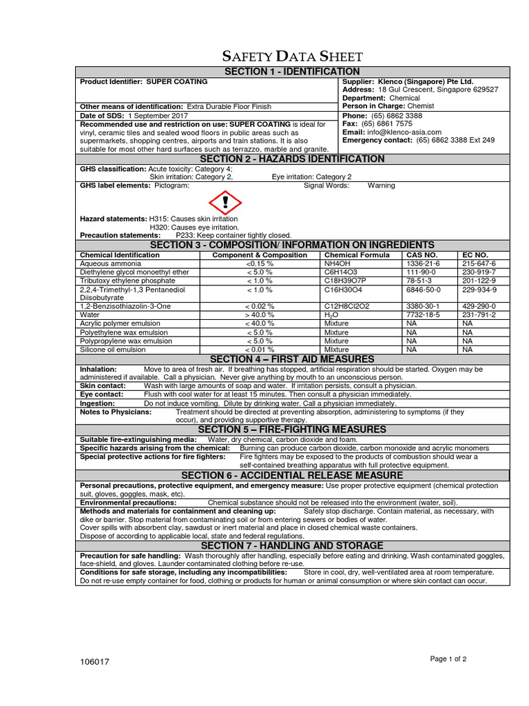MSDS Hoa Chat Phu Bong Be Mat San Klenco Super Coating | PDF | Chemistry | Workplace