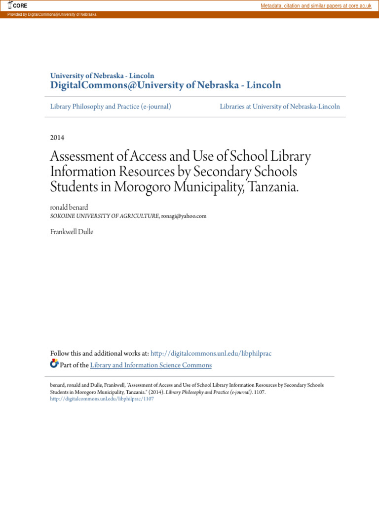 Assessment of Access and Use of School Library Information Resources by Secondary Schools ...