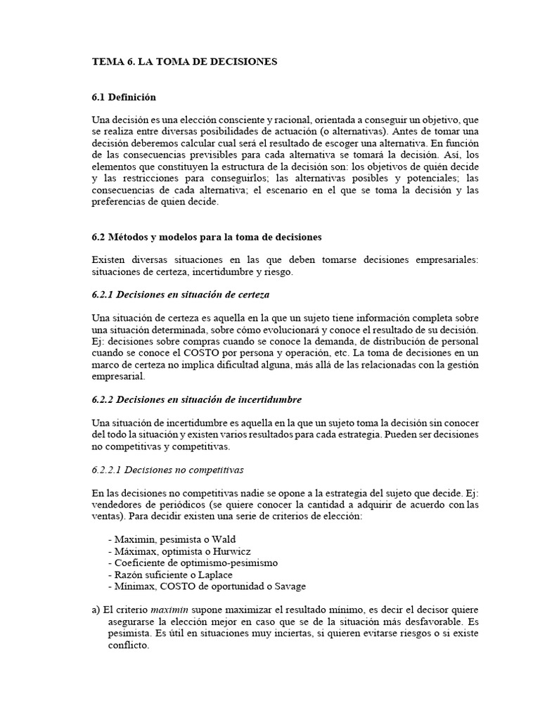 Tema 6. La Toma de Decisiones 6.1 Definición | Descargar gratis PDF | Toma de decisiones | Economias