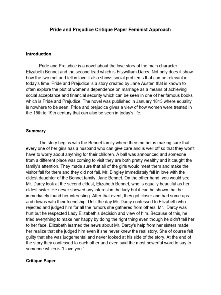 Critique Paper About Pride and Prejudice Feminist Approach | PDF ...