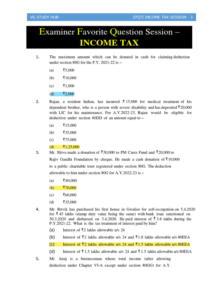 INCOME TAX Examiner Favorite Question Session 3 Without Answer | PDF ...