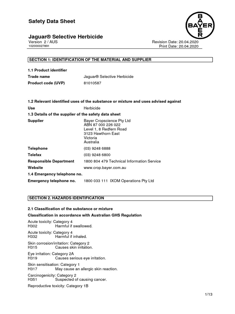Jaguar Selective Herbicide MSDS | Download Free PDF | Dangerous Goods ...