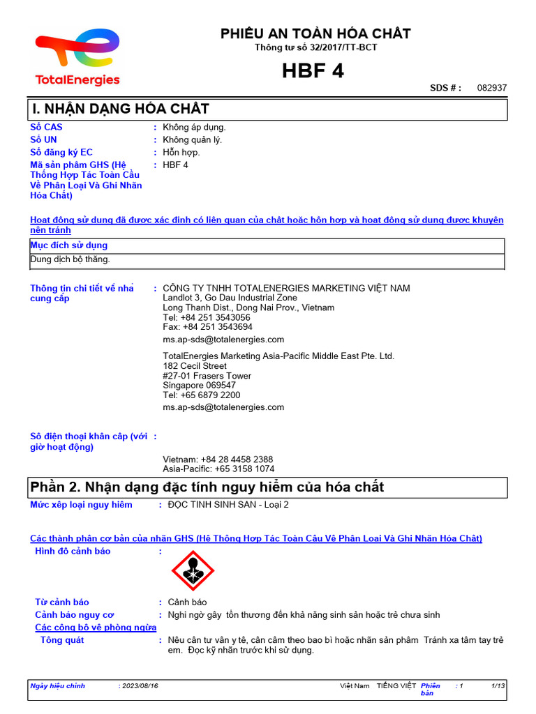 MSDS Dau Phanh Total Brake Fluid DOT 4 VN | PDF