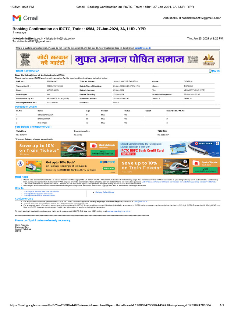 Gmail - Booking Confirmation On IRCTC, Train - 16584, 27-Jan-2024, 3A ...