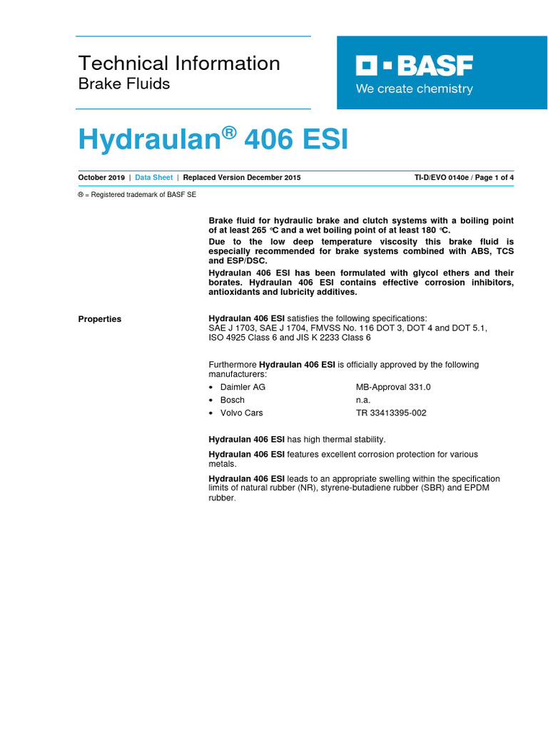 TDS Dau Phanh Brake Fluid Hydraulan 406 DOT 5.1 EN | PDF | Metals ...
