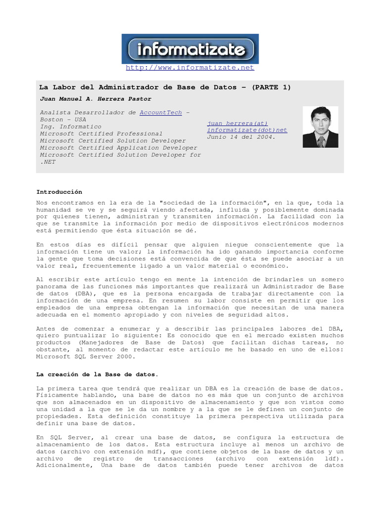 La Labor Del Administrador de Base de Datos Parte 1 | PDF | Servidor SQL de Microsoft | Bases de ...