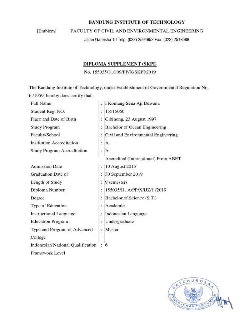 Diploma Supplement of Bachelor Certificate - ITB (Translation) | PDF | Engineering | Bachelor's ...