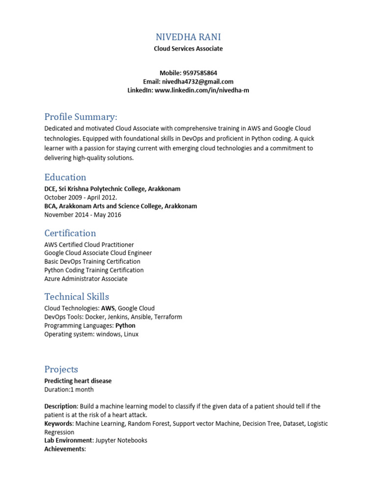 Devops Fresher Resume 1 | PDF | Cloud Computing | Machine Learning