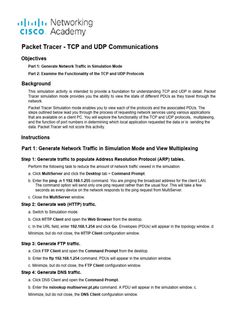 Taller 21. 14.8.1-Packet-Tracer - Tcp-And-Udp-Communications | PDF | Transmission Control ...