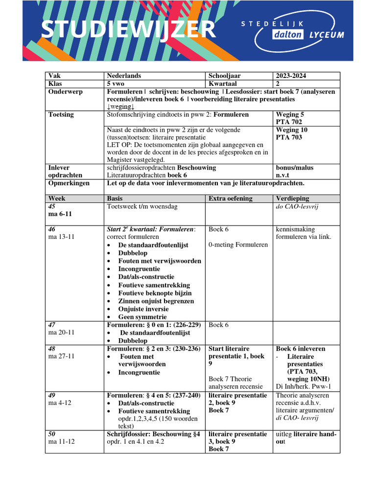 5 Vwo Studiewijzer Kwartaal 2 | PDF