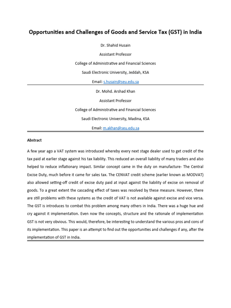 Opportunities and Challenges of Goods and Service Tax (GST) in India ...