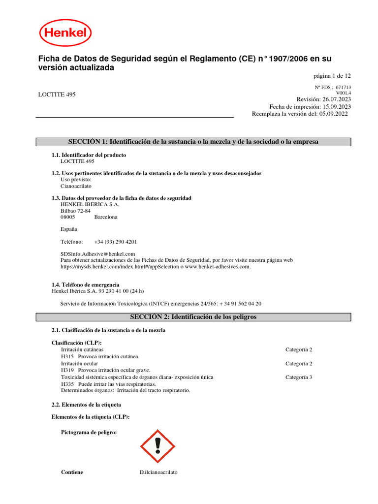 HOJAS - MSDS - Pegamento Loctite 495 | PDF