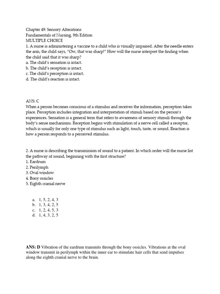 Sensory Alterations Testbank | PDF | Perception | Senses