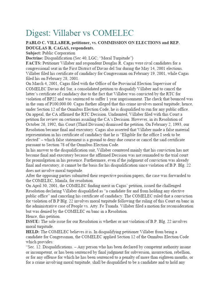 Digest Villaber Vs COMELEC (Borja) | PDF | Crimes | Crime & Violence