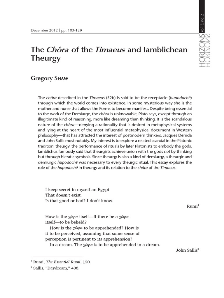 Chôra and Theurgy in Plato's Timaeus | PDF | Platonism | Nous