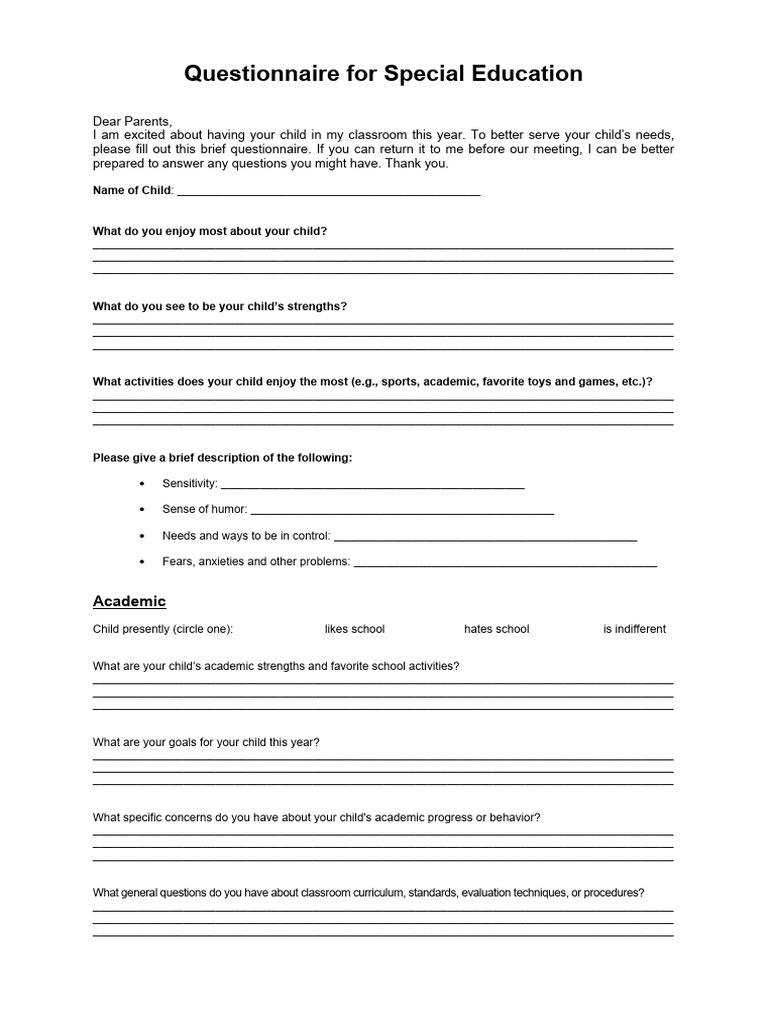 Special Education Parent Questionnaire | PDF | Teachers | Sleep