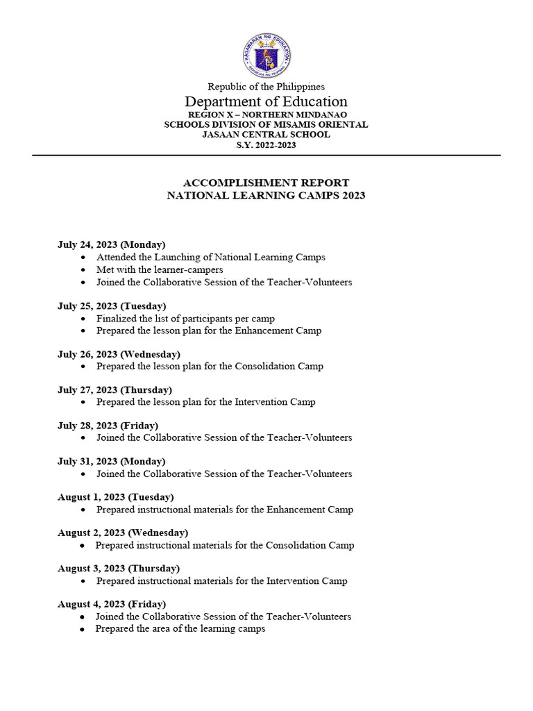 National Learning Camps 2023 Report | PDF | Human Communication | Learning