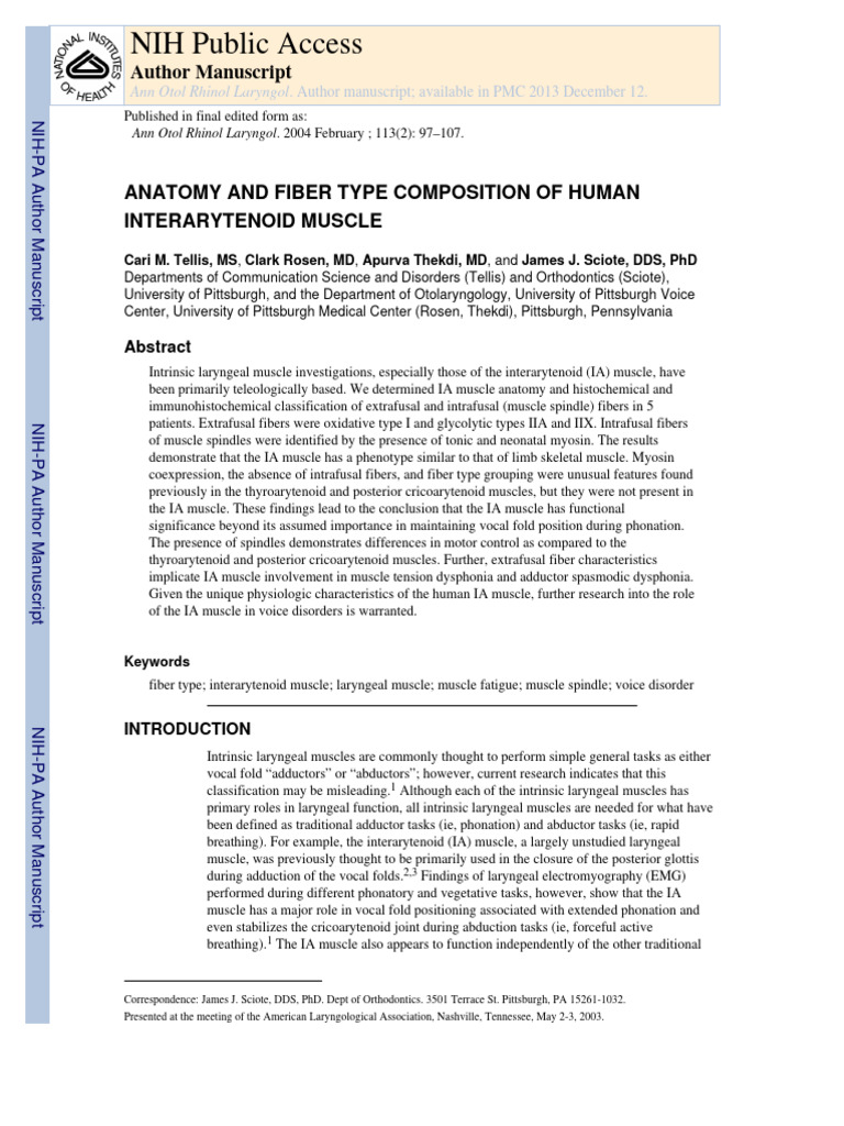 Anatomy and Fiber Type Composition of Human Interarytenoid Muscle | PDF ...