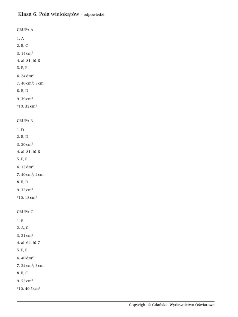 Klasa 6. Pola Wielokątów - Odpowiedzi PRACA KLASOWA | PDF