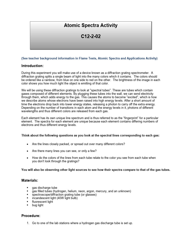 Atomic Spectra Lab with Diffraction Grating | PDF | Emission Spectrum | Spectroscopy