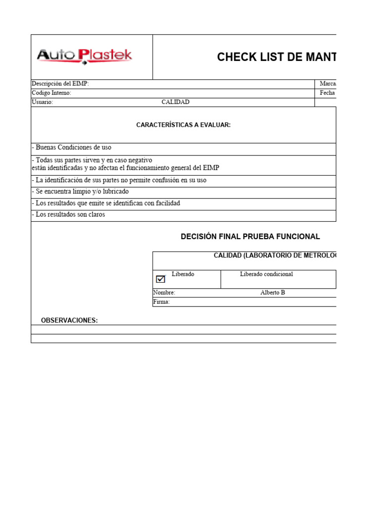 AP-F-LS-0143-A Check List de Mantenimiento de EIMP | PDF