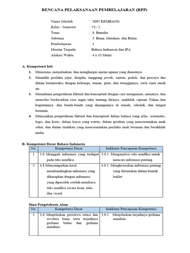 RPP Tema 8 Bumiku ST 3 Gerhana | PDF