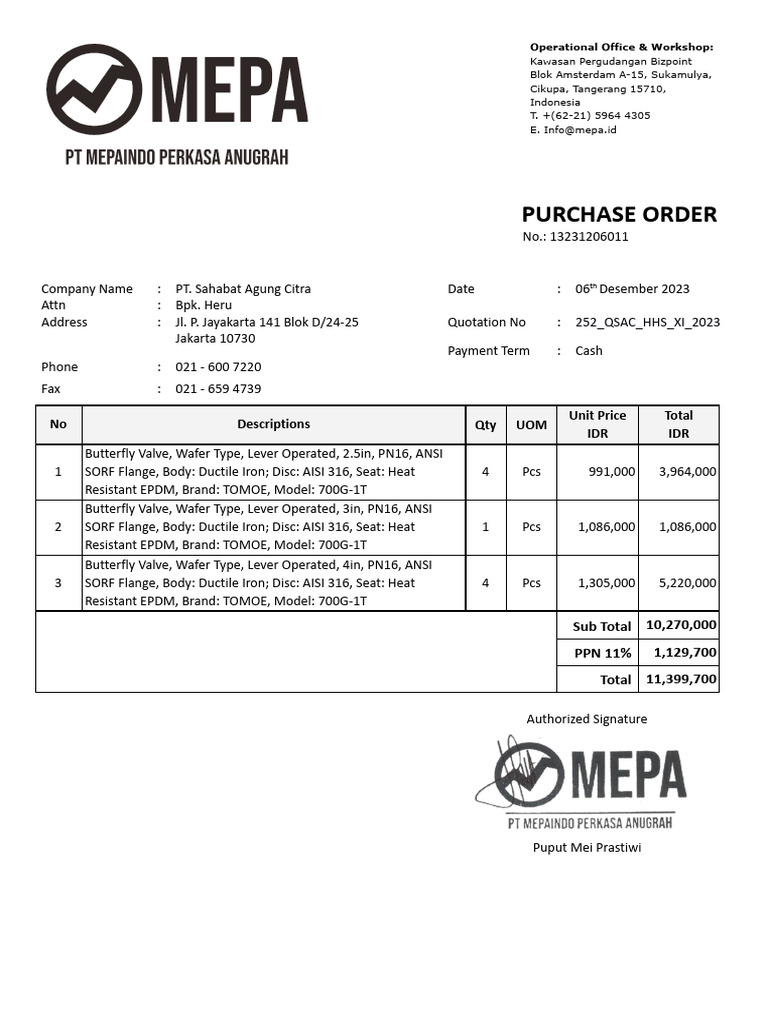 Purchase Order: No Descriptions Qty UOM Unit Price IDR Total IDR | PDF | Mechanical Engineering ...