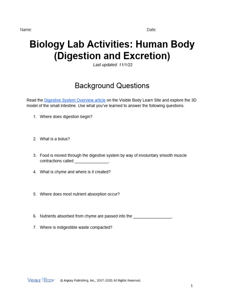 Bio Learn Lab Activities Digestion Excretion Student Full | PDF | Human ...