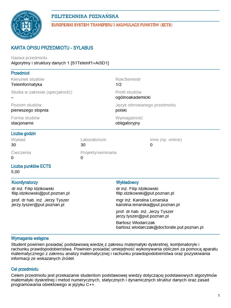 Algorytmy I Struktury Danych 1 (AiSD1) | PDF