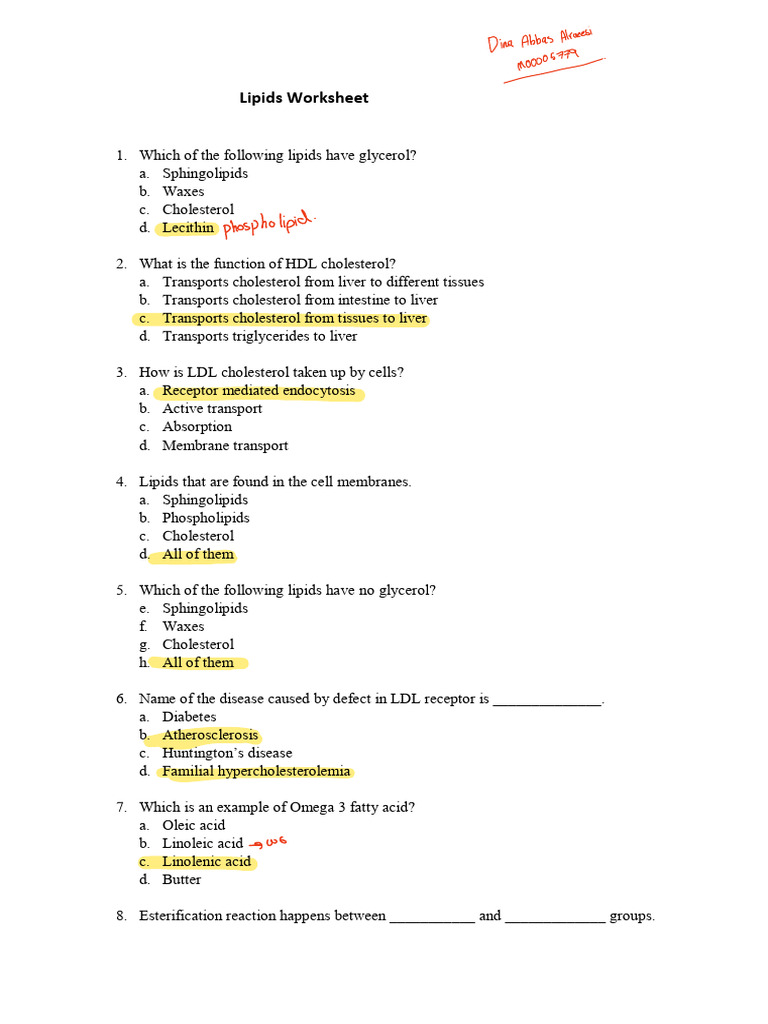 Lipid Revision Worksheet | PDF | Fatty Acid | Cholesterol
