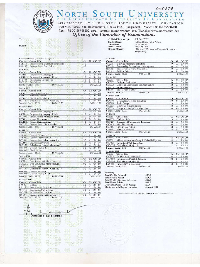 Ahmed Omar Transcript | PDF