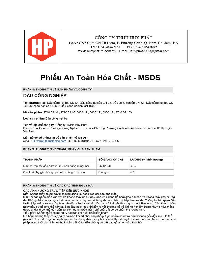 MSDS-Dau-cong-nghiep - dau-may-may-CN-10-22-32-46-68-100 | PDF